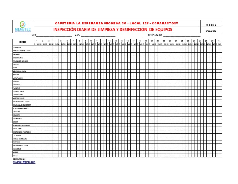 Planilla Aseo y Desinfeccion 1 | PDF