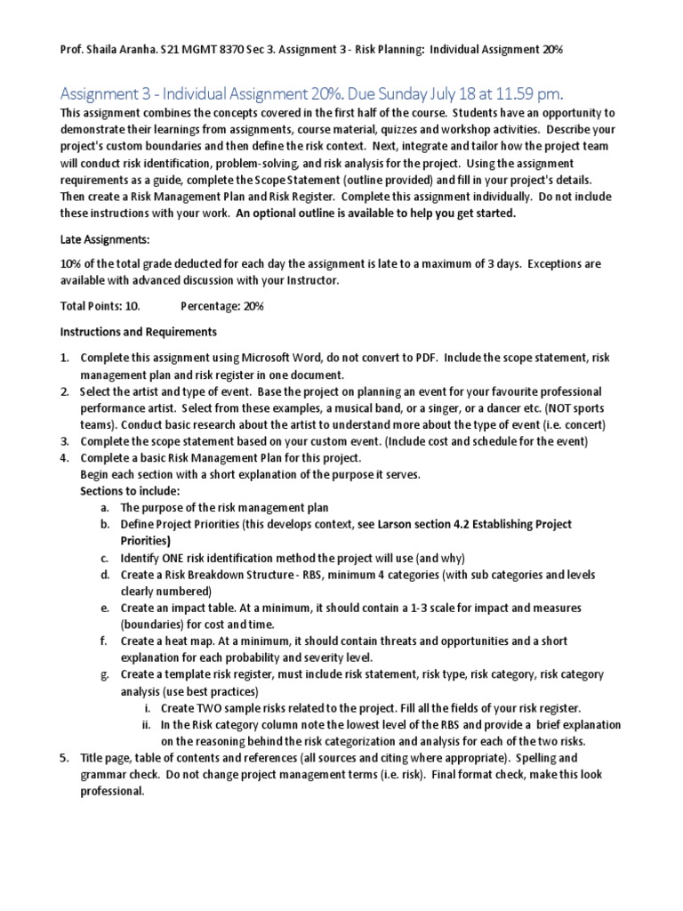 Instructions Prof Shaila Aranha MGMT8370 Sec 3 Assignment 3 INSTRUCTIONS Risk Planning | PDF | Risk