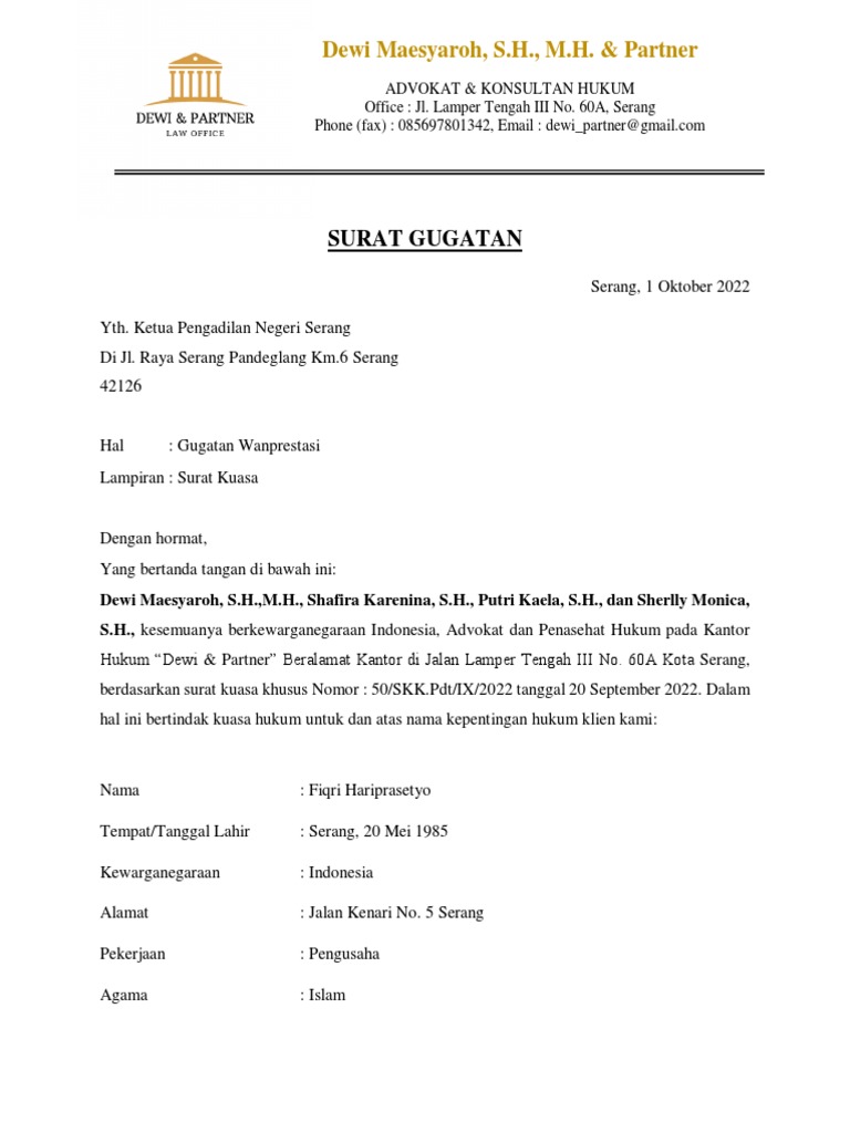Surat Gugatan Wanprestasi | PDF