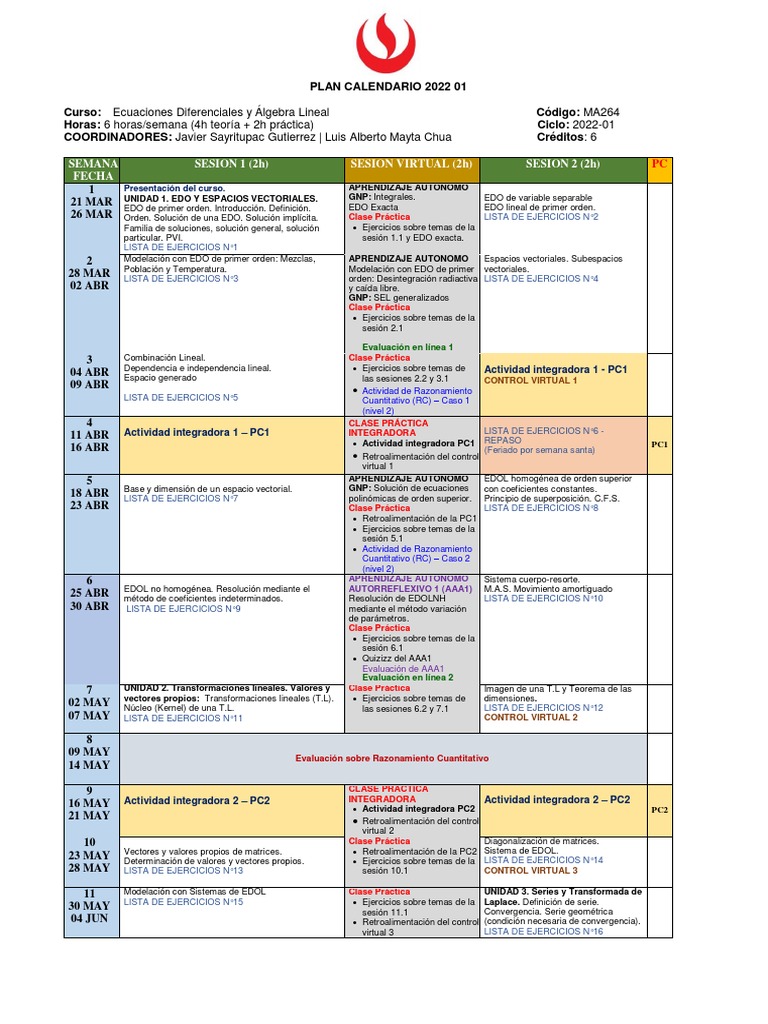 MA264 Plan Calendario | PDF | Valores propios y vectores propios ...