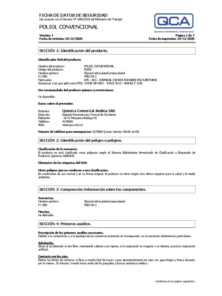 Fds. Poliol Convencional Qca | PDF | Agua | Transporte