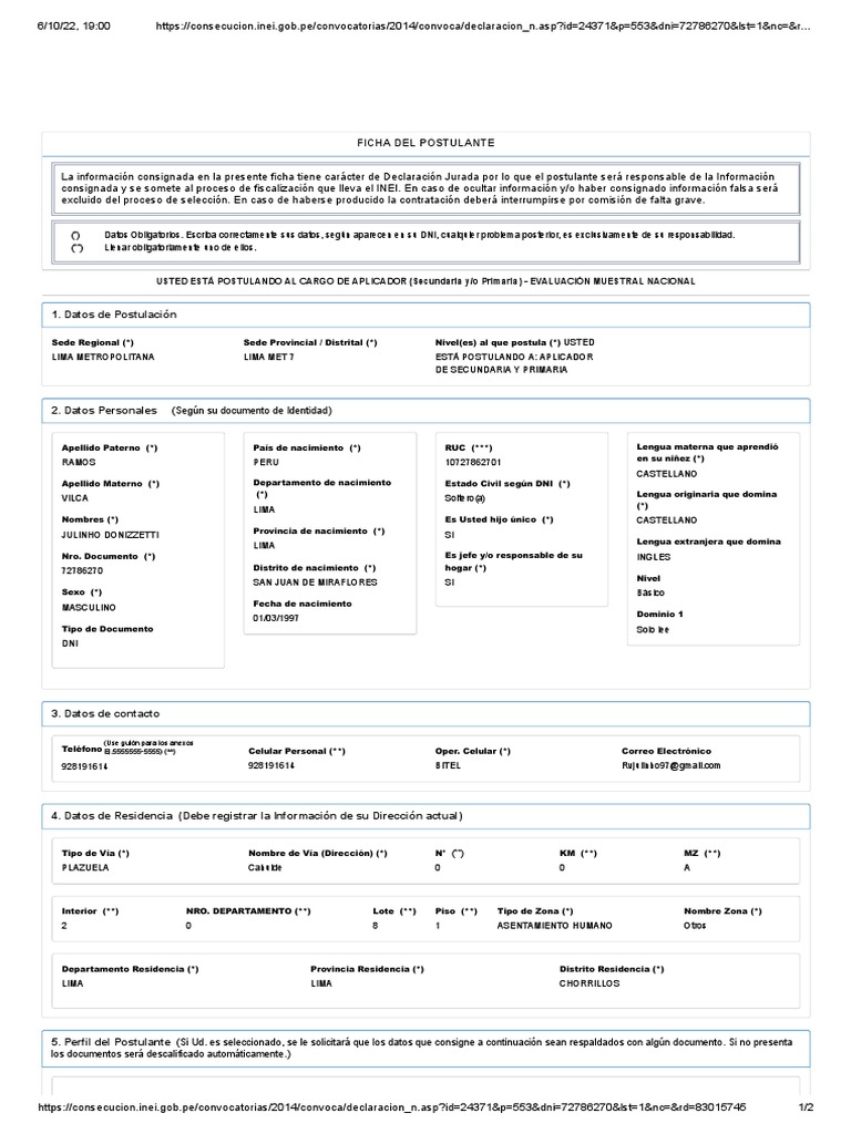 Postulacion Inei 2022 Mes Octubre | PDF