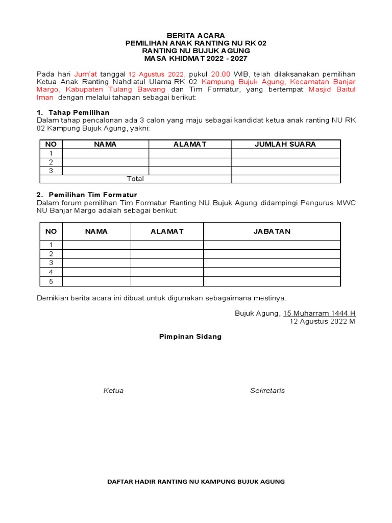 Berita Acara Pemilihan Anak Ranting NU | PDF