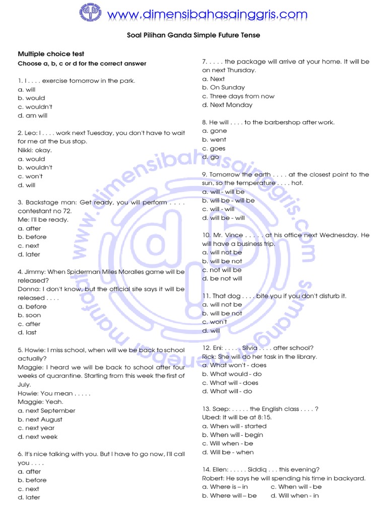 DBI - Soal Pilihan Ganda Simple Future Tense | PDF