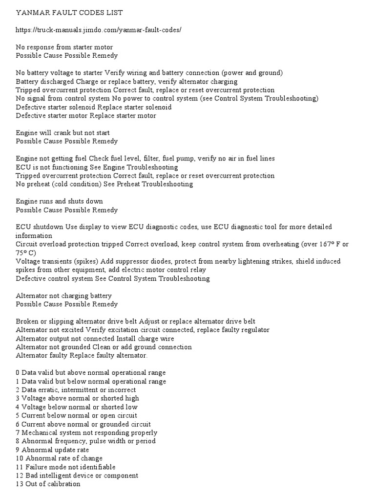 Yanmar Fault Codes List | PDF | Troubleshooting | Physical Quantities