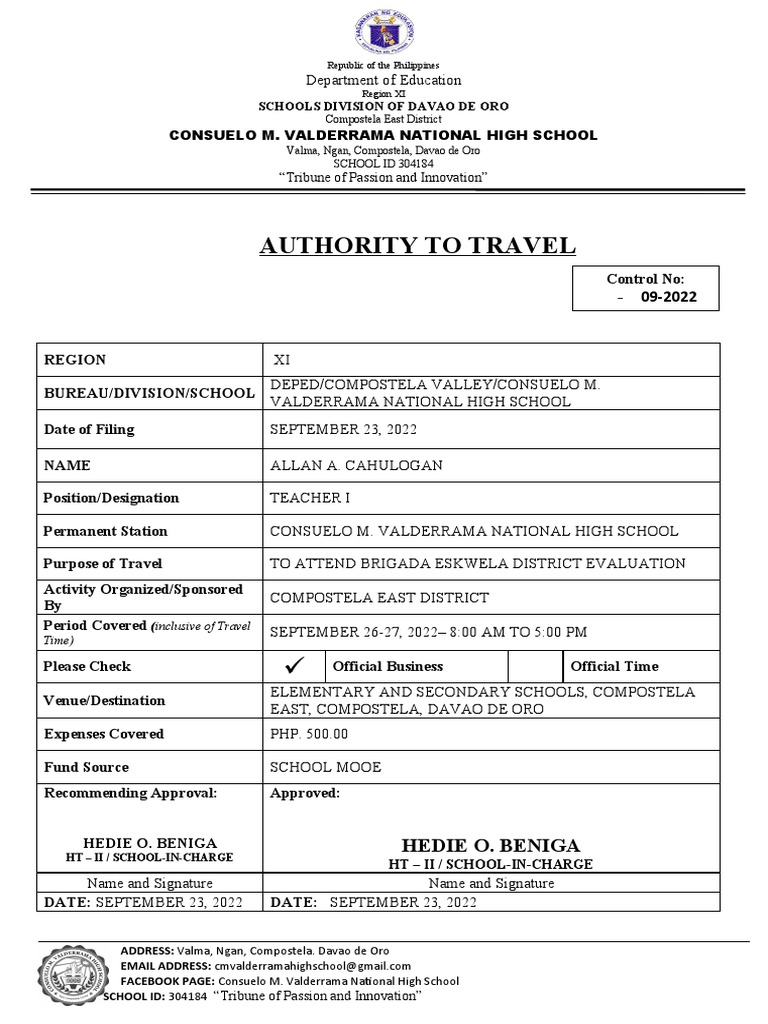 Authority To Travel and Locator Slip. 2020 | PDF | Government