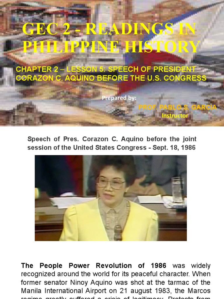 GEC 2 - Chapter 2, Lesson 5 - Pres. Cory Aquino's Speech Before US Congress | PDF | Corazon ...