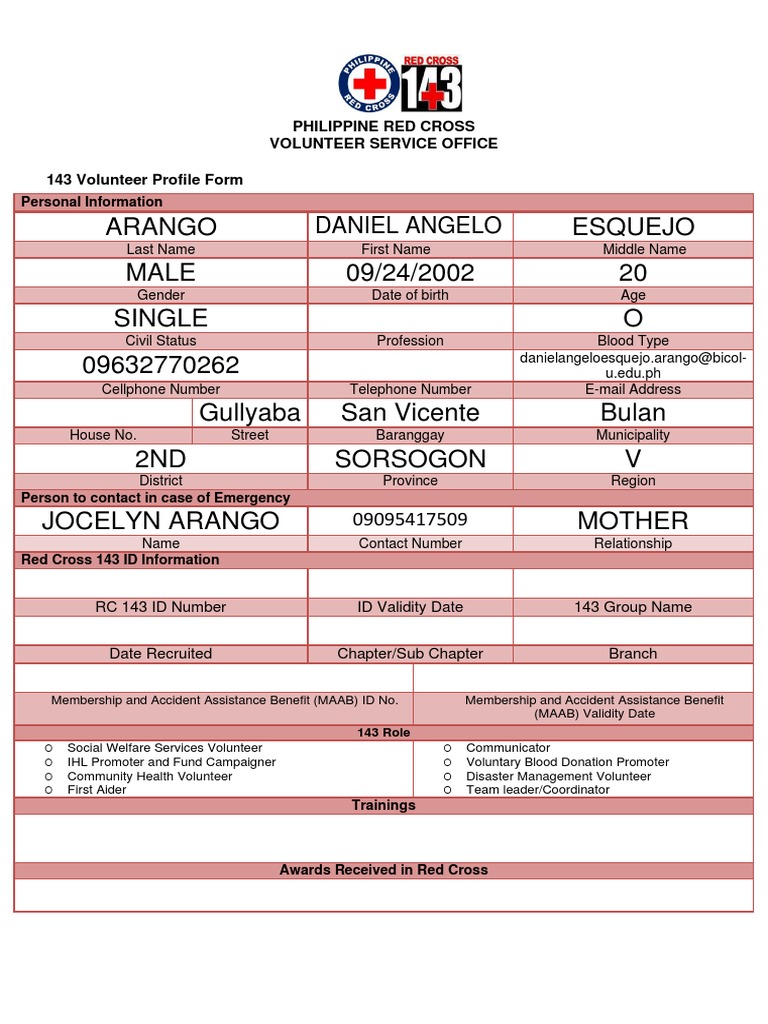 Arango, Daniel Angelo E. - Rcy 143 Volunteer Registration Form | PDF ...