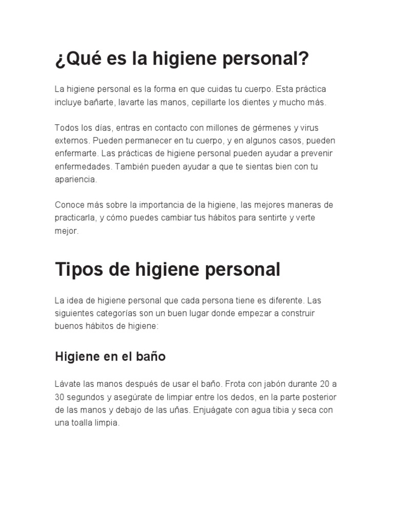Importancia y Tipos de Higiene Personal | PDF | Ciencias de la Salud ...