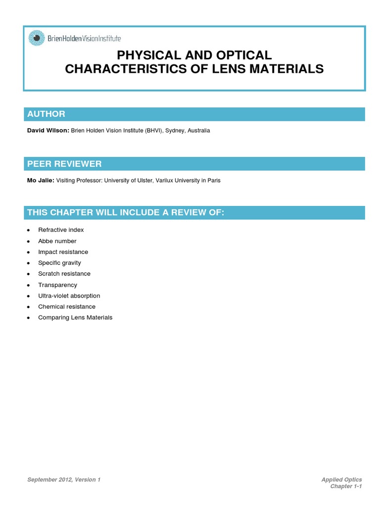 01 The Charactristics of Lens Materials | PDF | Refractive Index ...