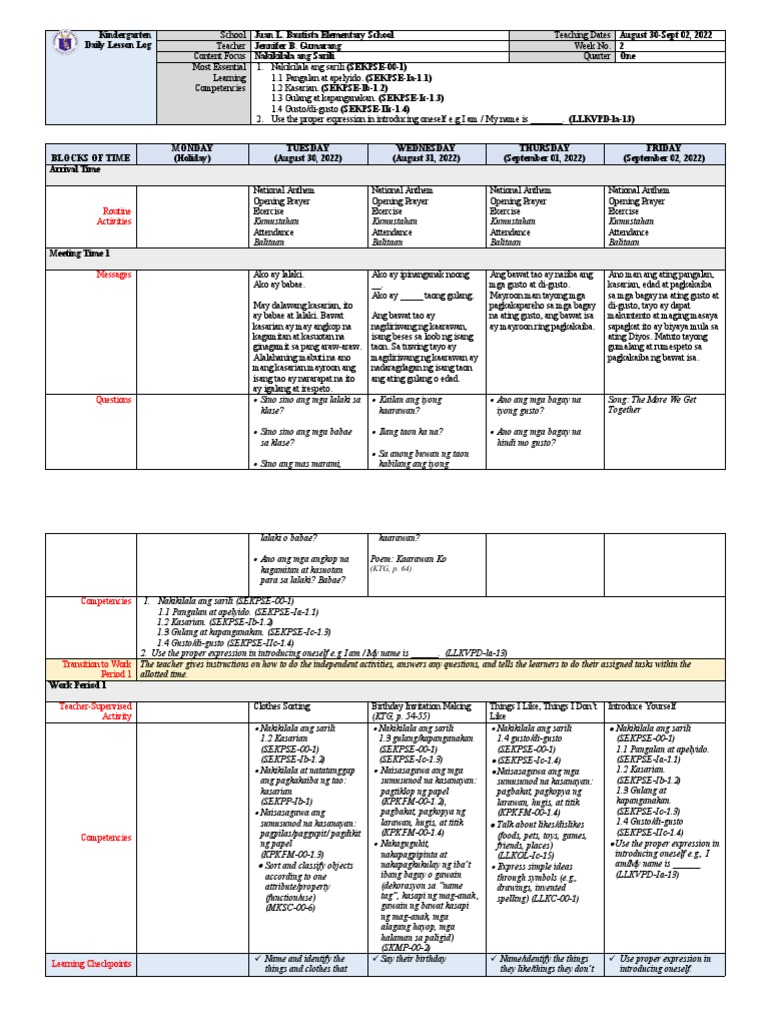 Kindergarten-DLL-MELC-Q1-Week 1 | PDF