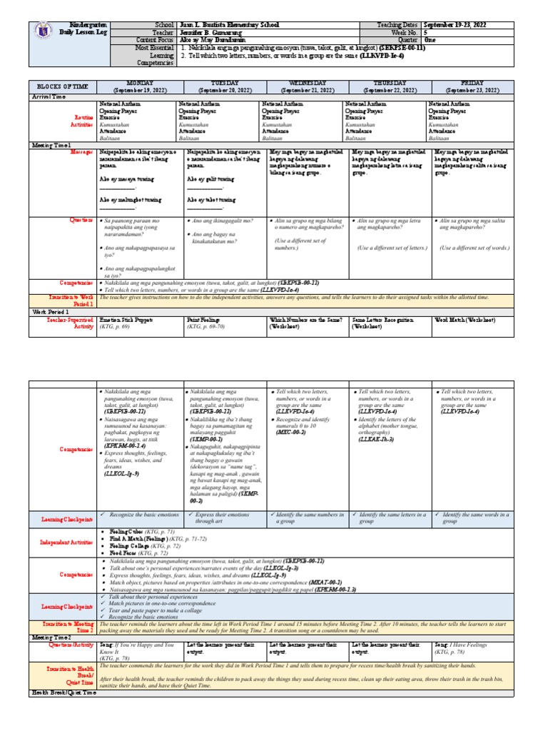 Kindergarten-DLL-MELC-Q1-Week 5 | PDF