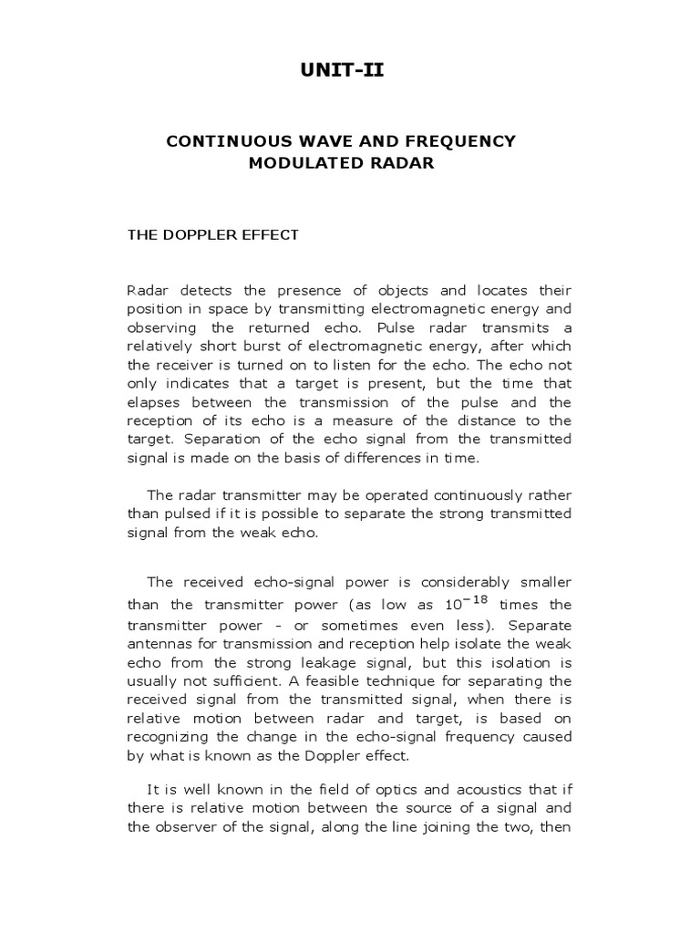 Unit II .CW AND FREQUENCY MODULATED RADAR | PDF | Radar | Frequency Modulation
