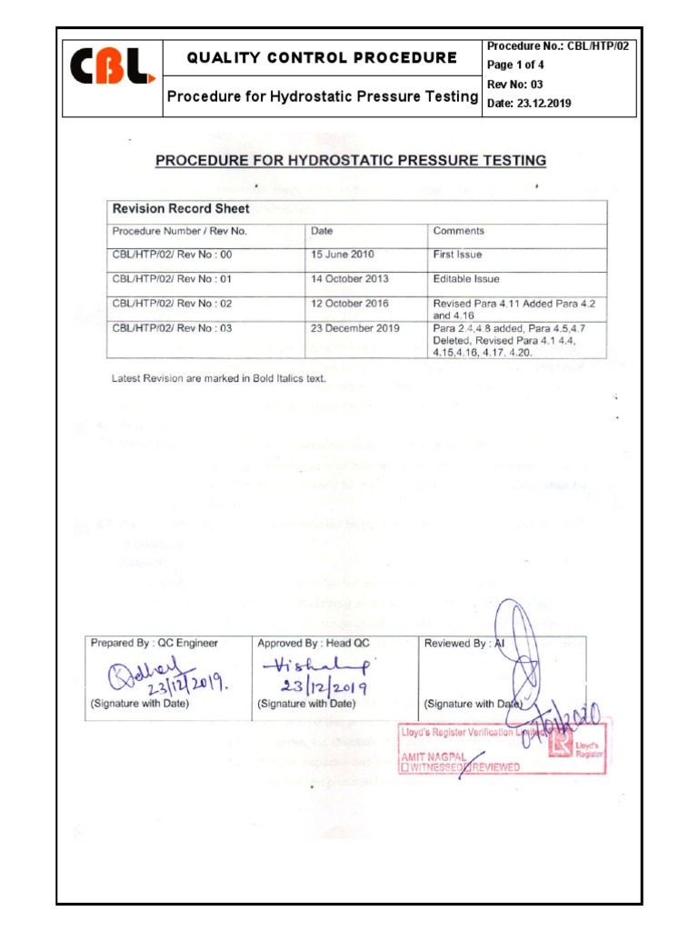 Procedure of Hydrostatic Pressure Testing | PDF | Equipment | Building ...
