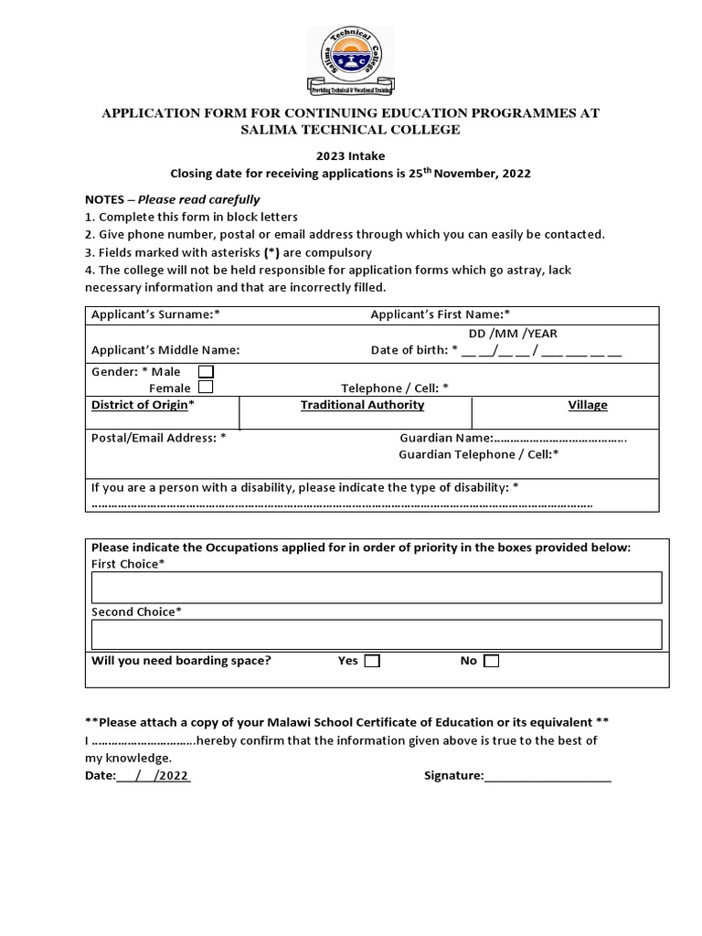 Salima Technical College 2023 Application Form For | PDF