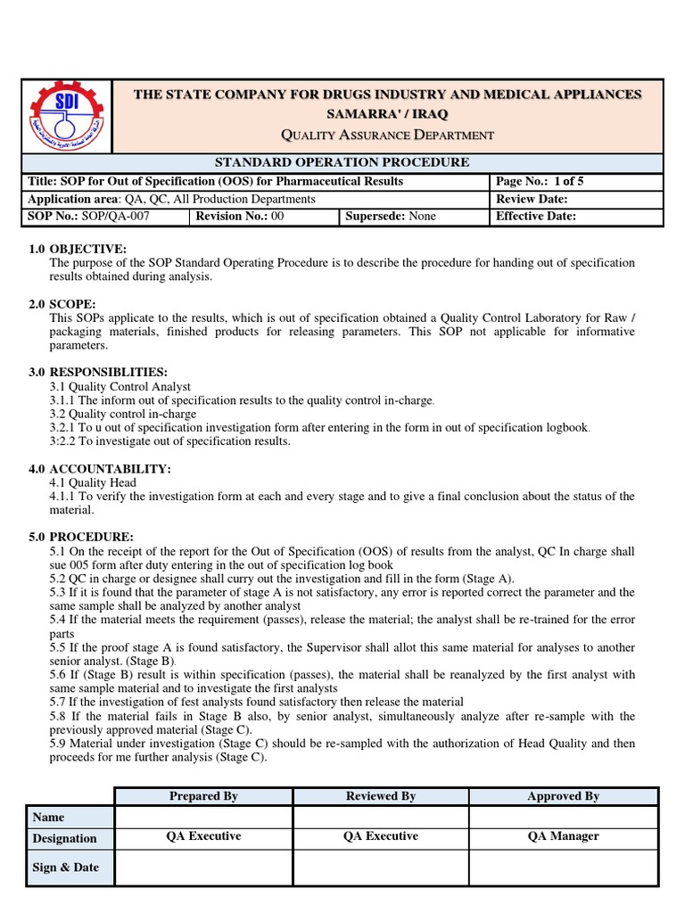 SOP - QA-007 SOP For Out of Specification (OOS) For Pharmaceutical Results | PDF | Quality ...