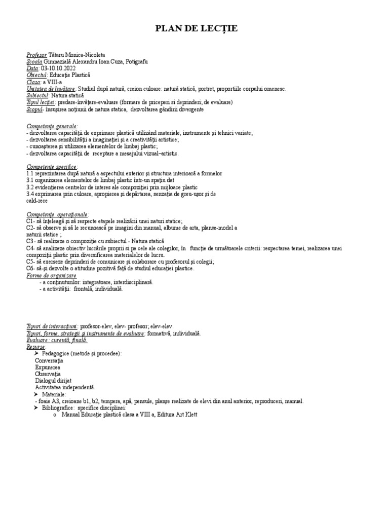 Plan de Lectie - Cls VIII - 03-10.10.2022 | PDF