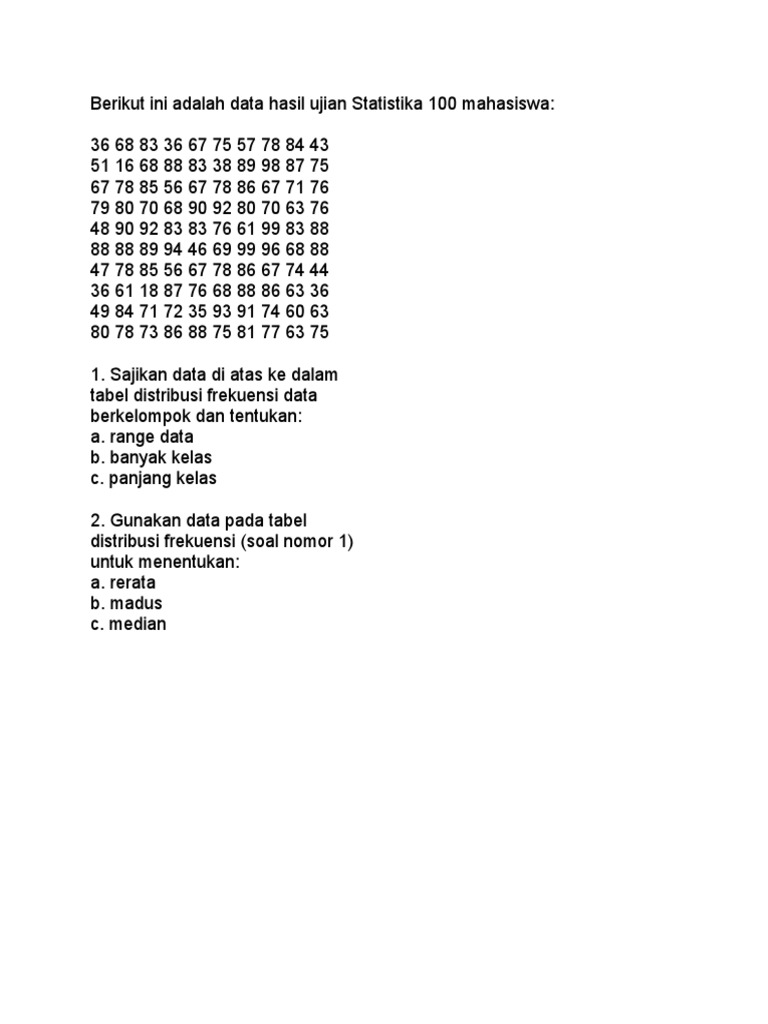 Data Hasil Ujian Statistika 100 Mahasiswa | PDF | Metode & Bahan Ajar ...