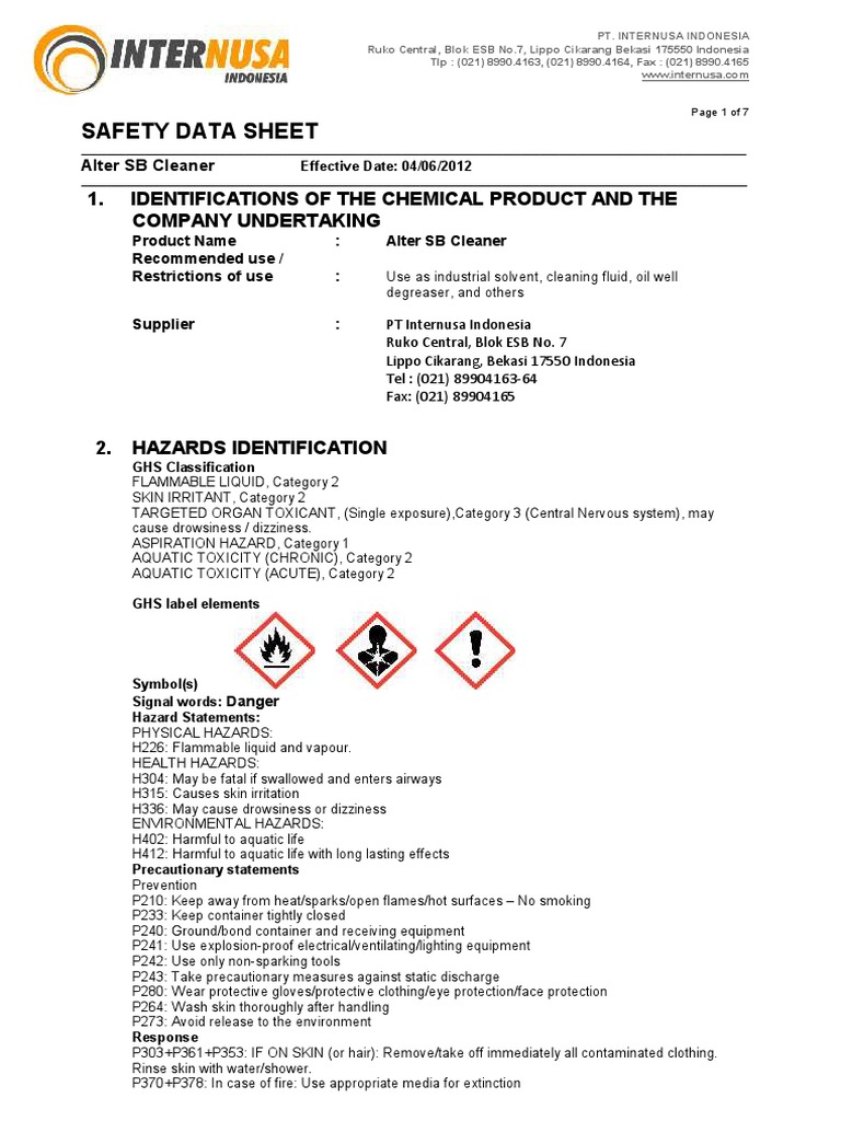 MSDS Alter SB Cleaner | PDF | Personal Protective Equipment | Toxicity