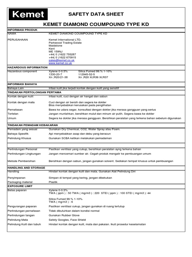 MSDS Kemet Diamond Coumpound Type KD | PDF