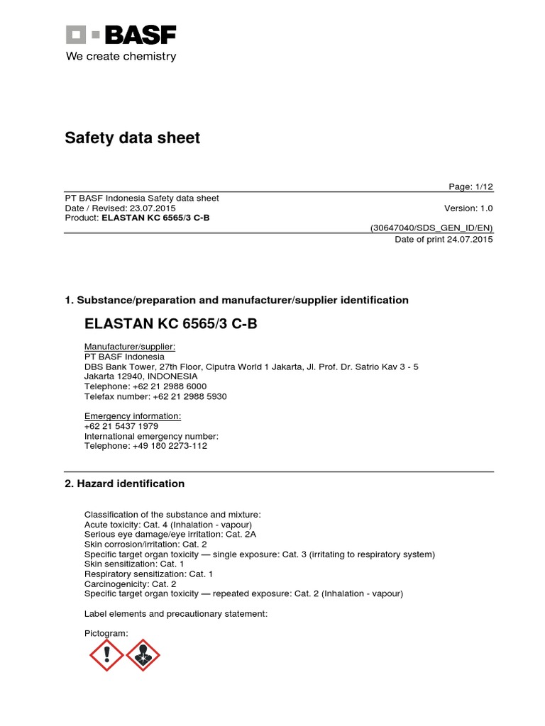 BASF Elastan KC 6565/3 C-B Safety Data | PDF | Toxicity | Personal ...
