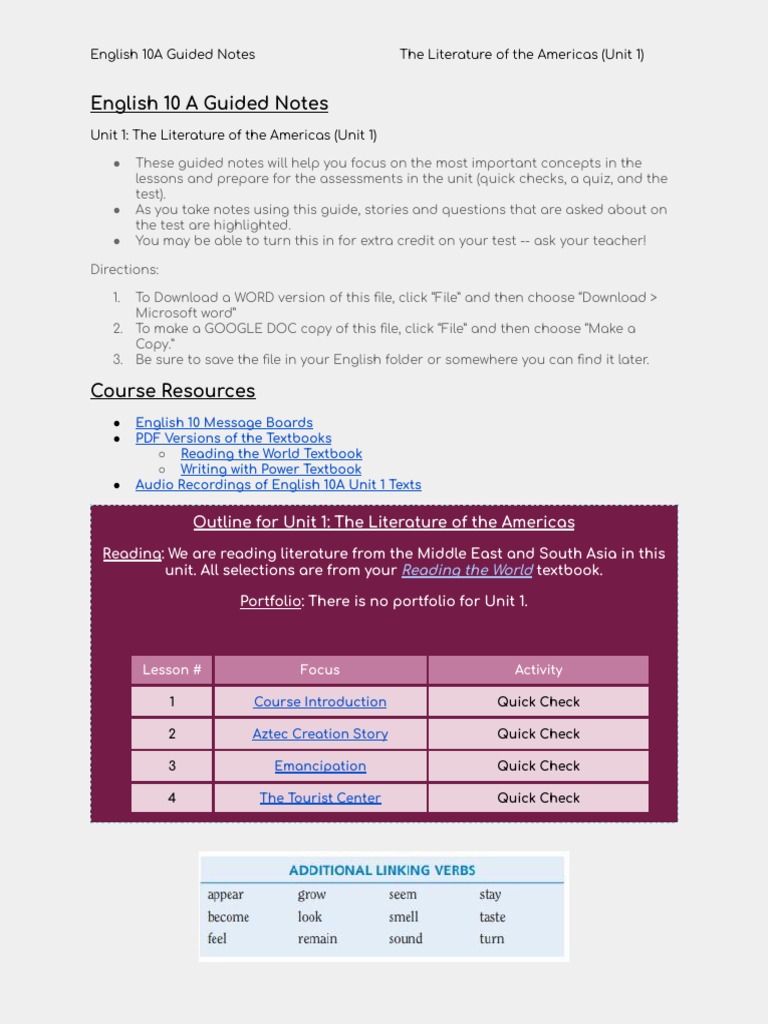 English 10A Unit 1 Guided Notes | PDF | Pronoun | Poetry