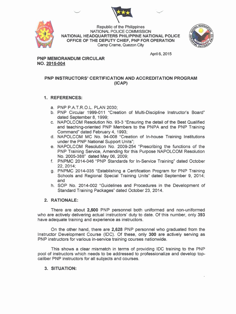 PNP MC 2015-004 Intructors Certification Accreditation Program | PDF