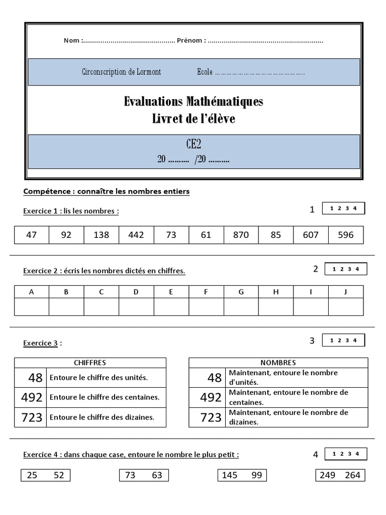 Évaluation Math CE2 : Nombres et Calculs | PDF