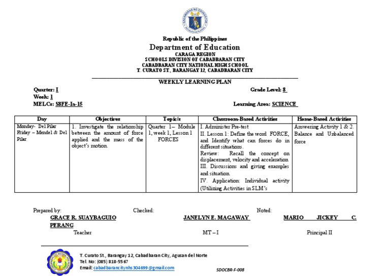 Grade 8 Science Weekly Learning Plan | PDF