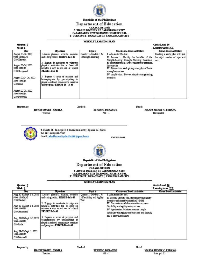 Weekly Learning Plan in MAPEH 10 Quarter 1 Week 1 | PDF | Physical ...