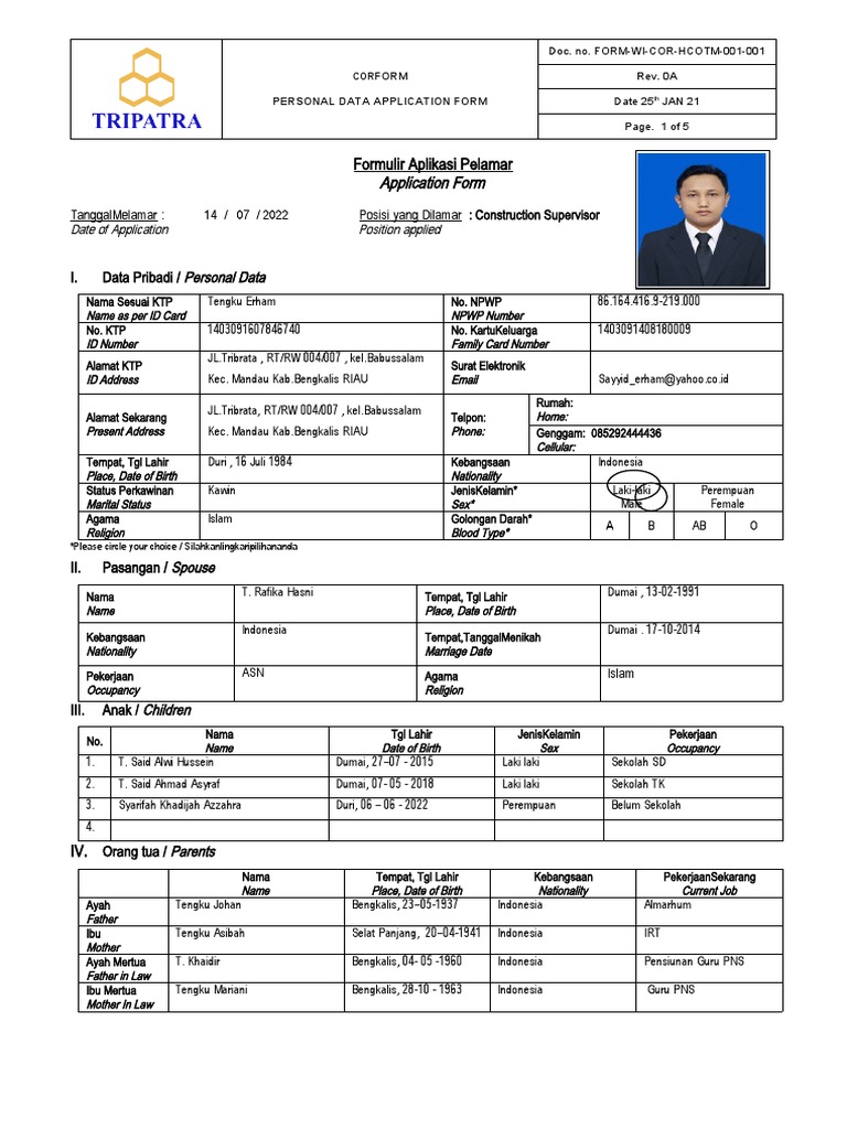 Tripatra Personal Data Application Form (Tengku Arif) (Lead Safety) | PDF