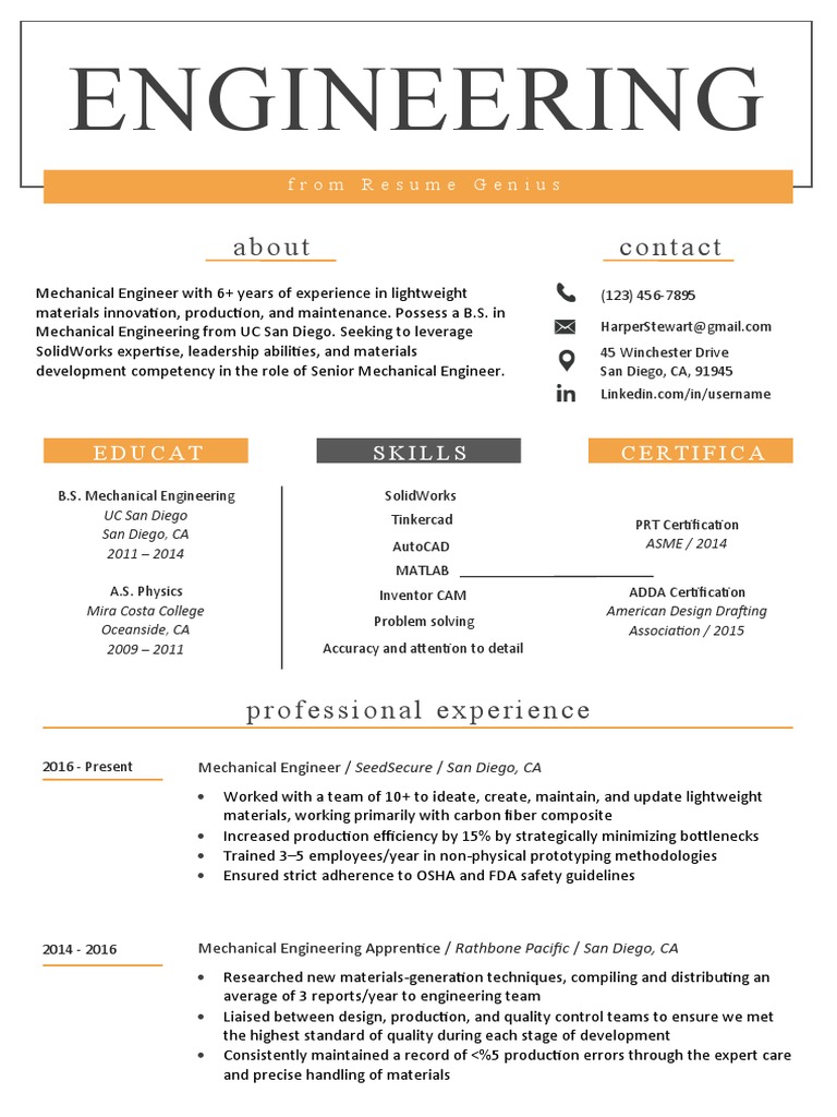 Engineering Resume Example - Windsor Orange | PDF | Mechanical ...