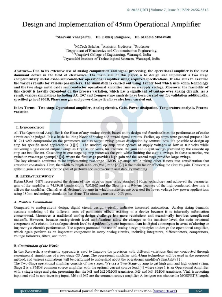 IJRTI2209058 Sharvani | PDF | Operational Amplifier | Mosfet