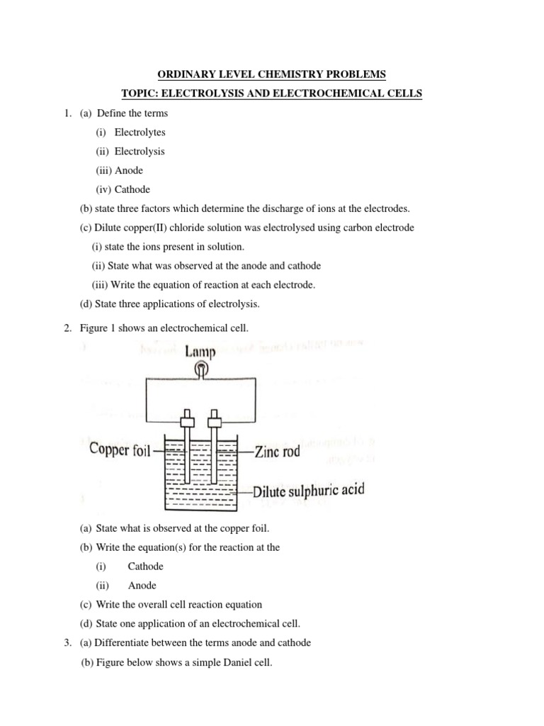 Electrolysis and Electrochemical Cells Guide | PDF | Anode ...