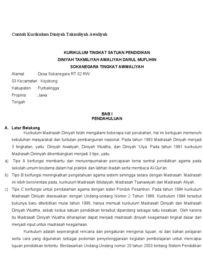 Contoh Kurikulum Diniyah Takmiliyah Awaliyah | PDF