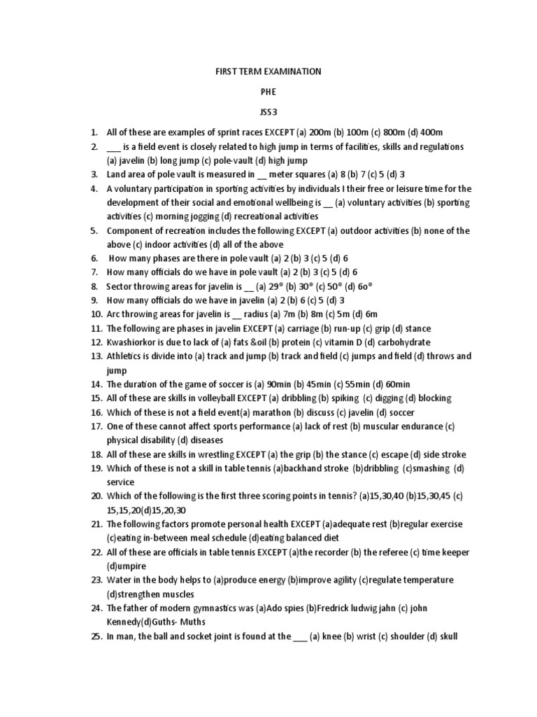 JSS 3 Phe Exam | Download Free PDF | Track And Field | Games Of Physical Skill