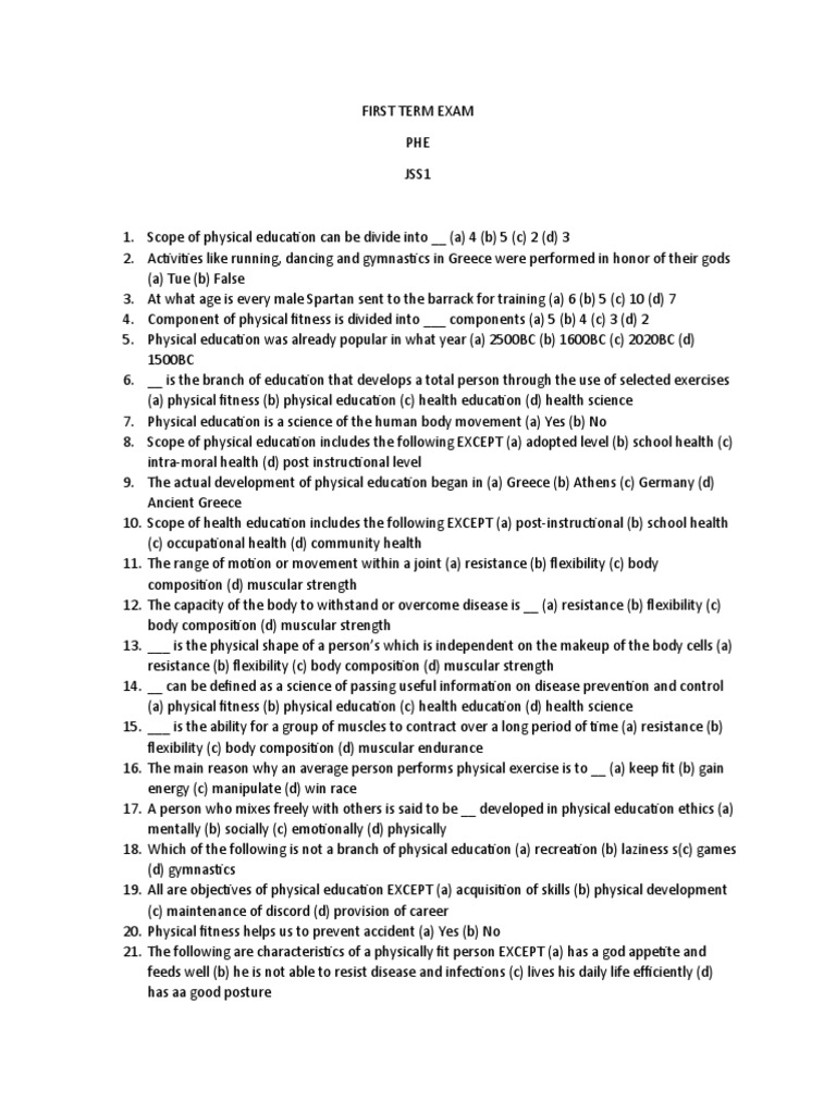 JSS1 First Term PHE Exam Questions | PDF | Physical Fitness | Skeletal ...