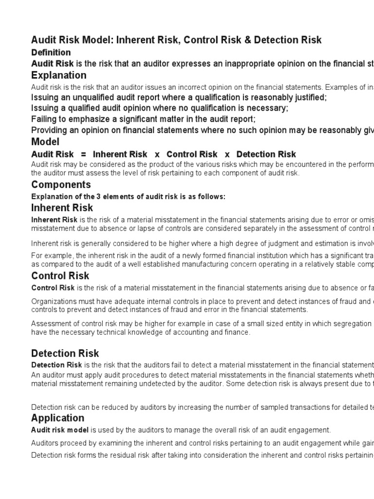 Audit Risk Model Inherent Risk Control Risk And Detection Risk Pdf