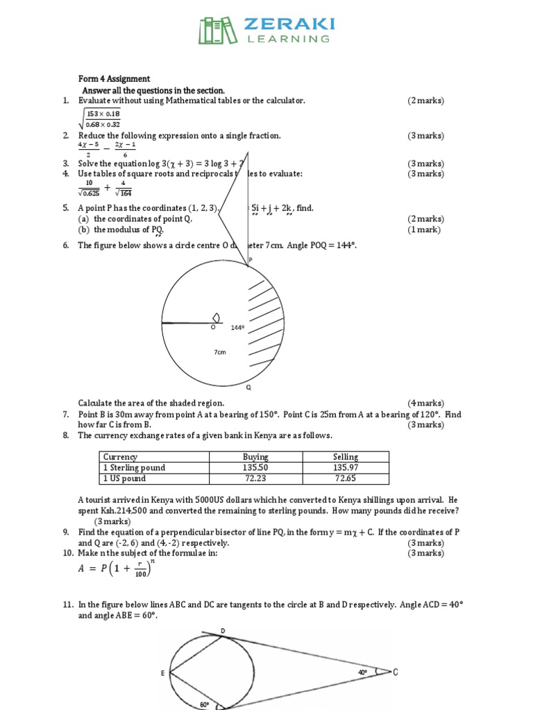 Form 4 - Mathematics - Assignment | PDF | Area | Circle