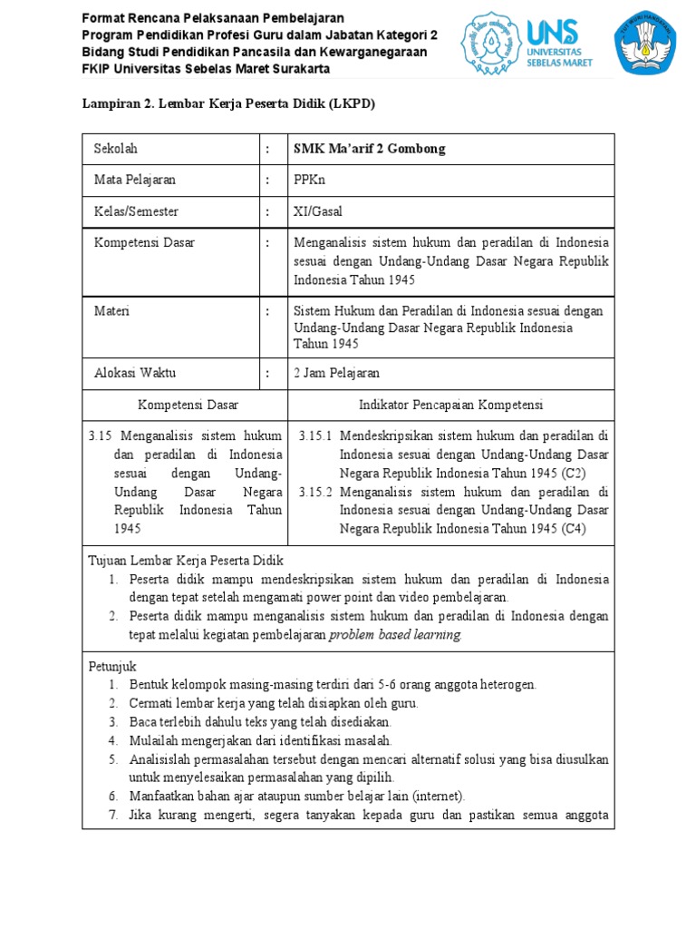 RPP 1 A.3 Lampiran 2. Format LKPD K-2013 Desy Nugraheni-1 | PDF