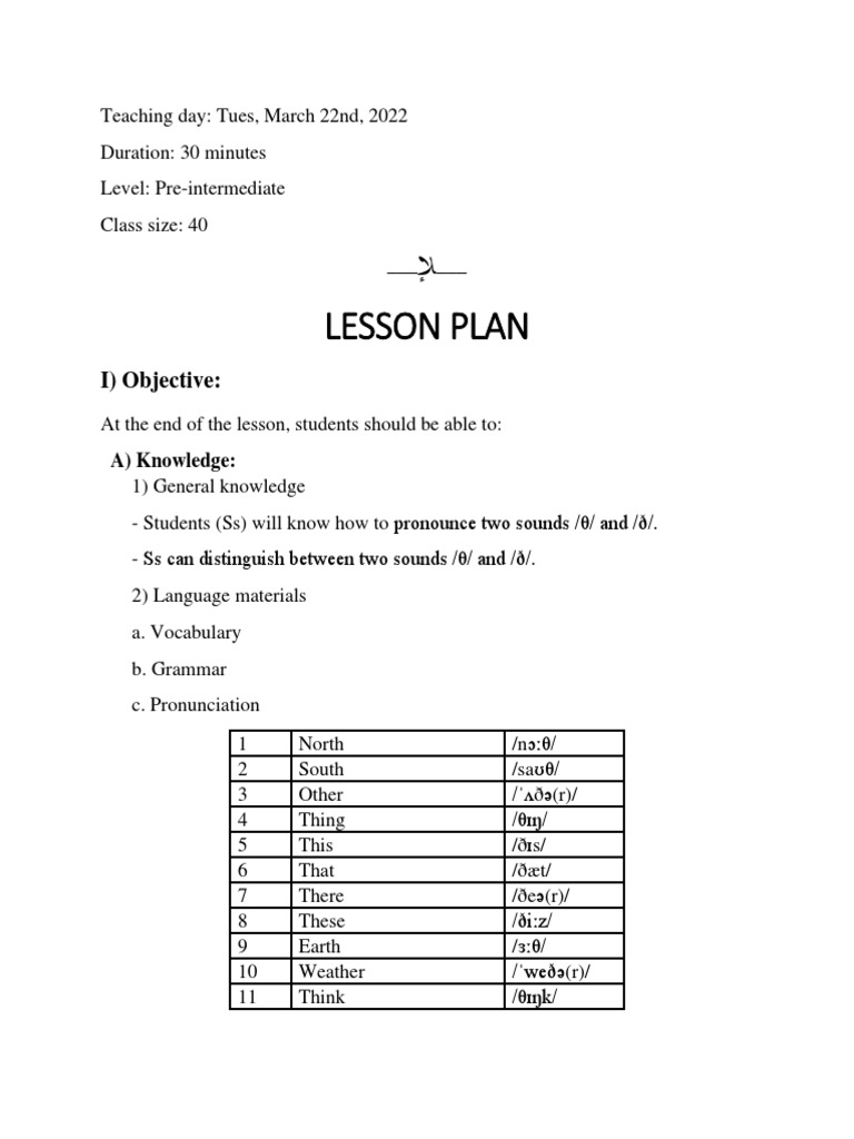 ESL Pronunciation Lesson Plan: /θ/ & /ð/ | PDF | Language Arts & Discipline