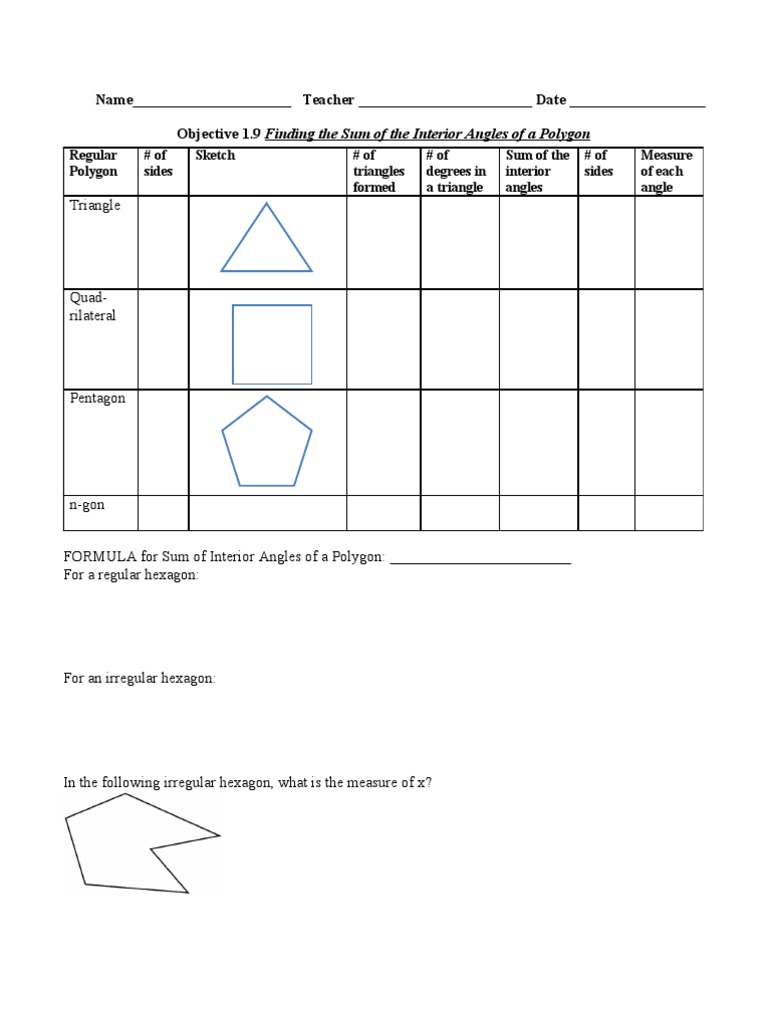 2.4: Finding The Sum of Interior Angles of Polygons (Worksheet) | PDF ...
