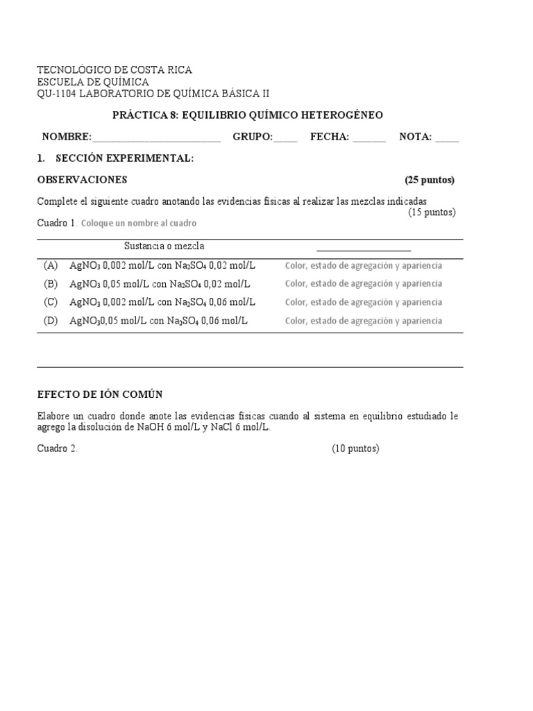 Formato Informe - Práctica 8 (Equilibrio Químico Heterogéneo) | PDF | Solubilidad | Concentración
