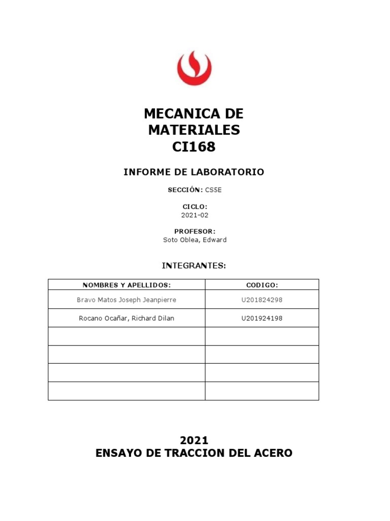 Informe de Laboratorio Mec Materiales | PDF | Deformación (ingeniería) | Ingeniero civil