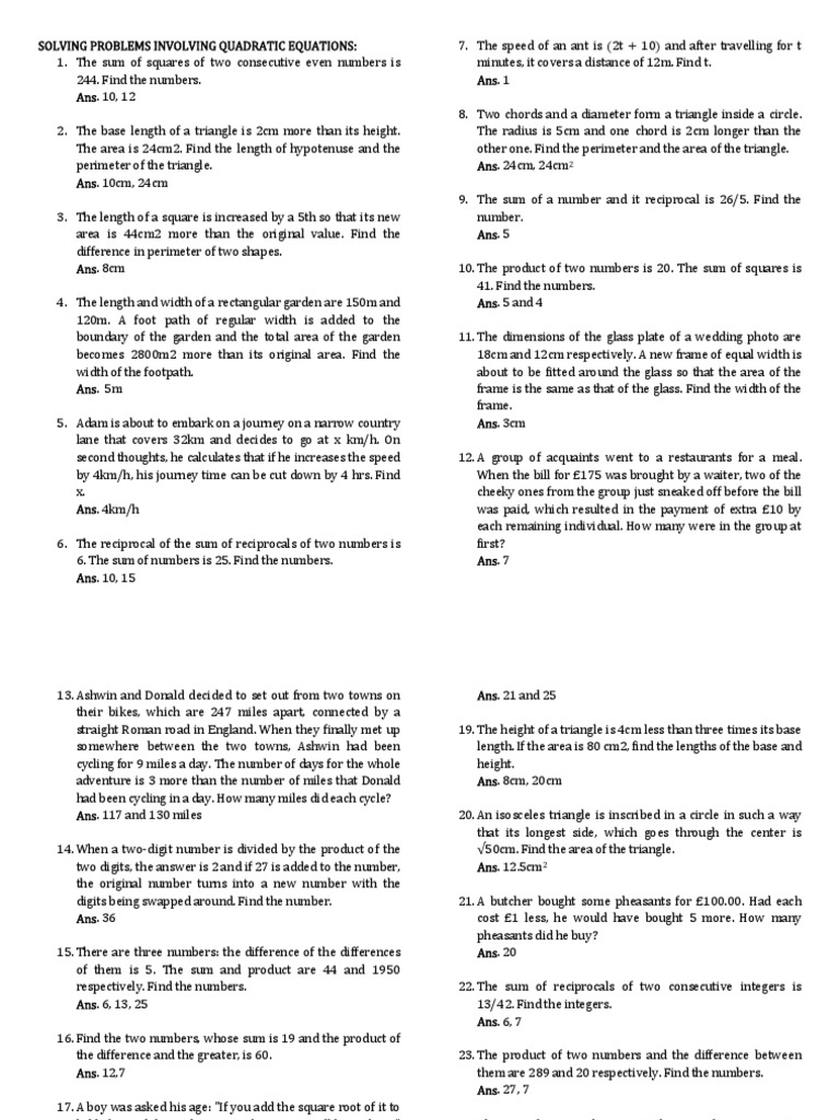 Solving Problems Involving Quadratic Equations | PDF | Area | Length