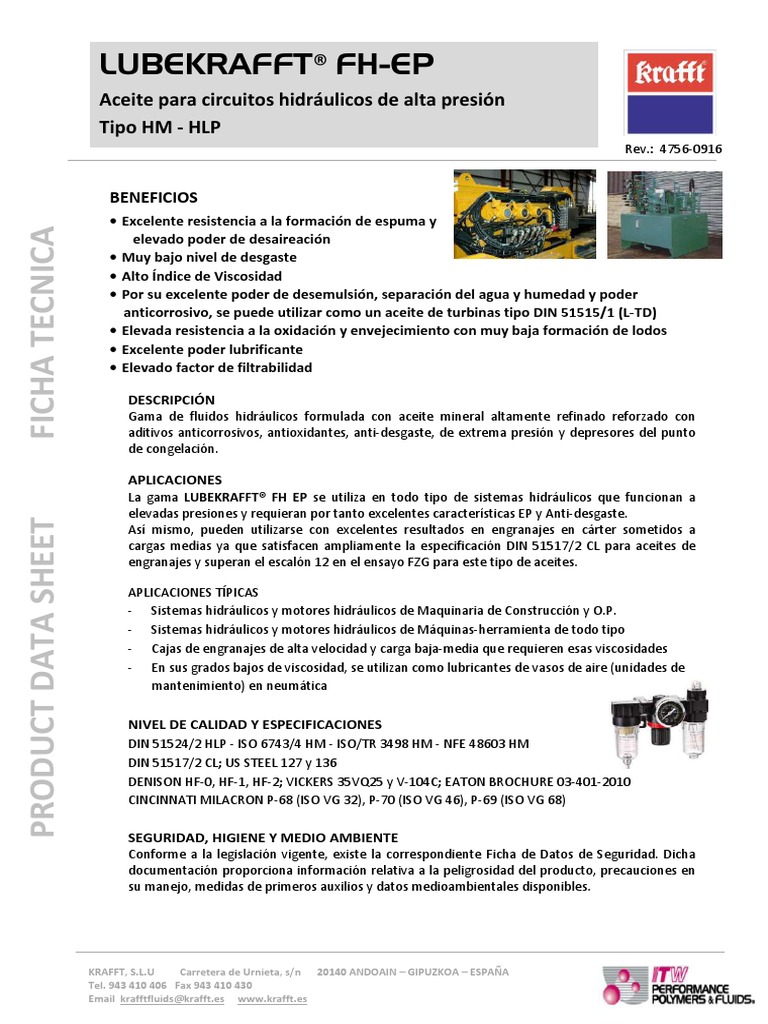 Lubekrafft ® Fh-Ep: Aceite para Circuitos Hidráulicos de Alta Presión ...