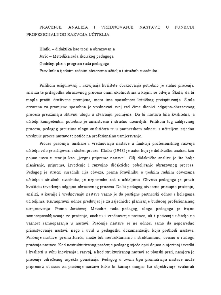 Praćenje, Analiza I Vrednovanje Nastave U Funkciji Profesionalnog Razvoja Učitelja | PDF