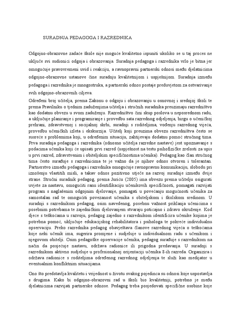 Suradnja Pedagoga I Razrednika | PDF