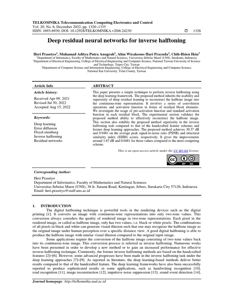 Deep Residual Neural Networks For Inverse Halftoning Pdf Deep Learning Computer Science