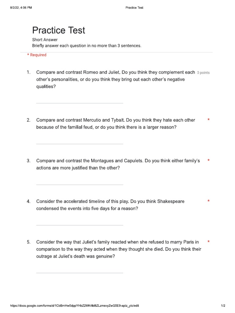 Romeo and Juliet Practice Test | PDF
